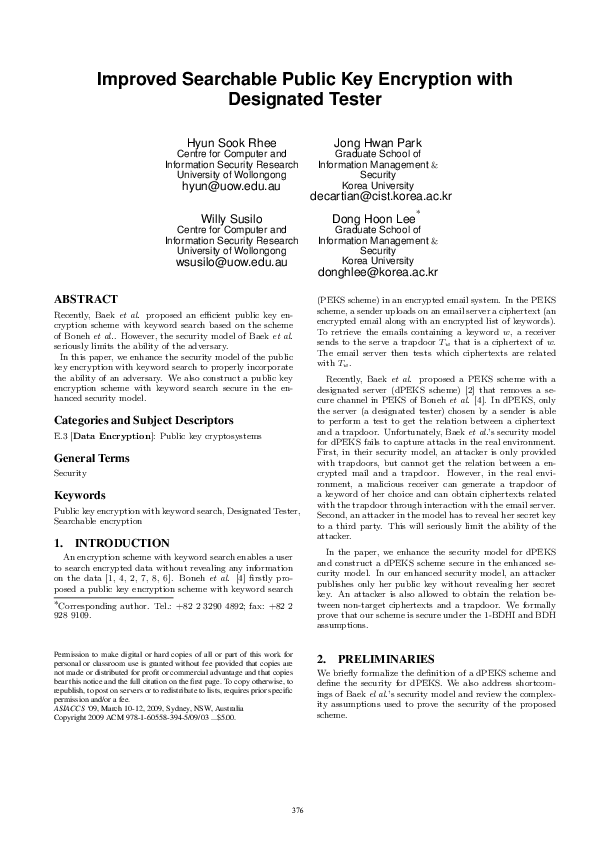 Pdf Improved Searchable Public Key Encryption With Designated Tester