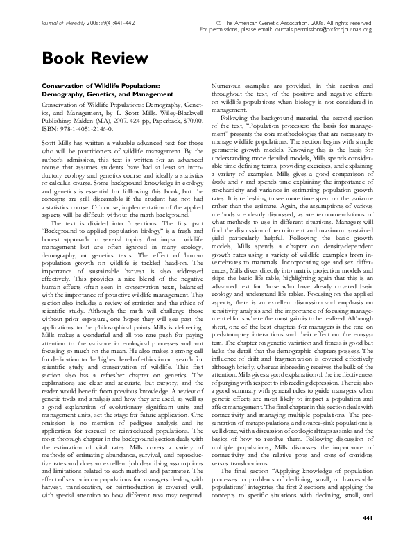 (PDF) Conservation of Wildlife Populations: Demography, Genetics, and Management