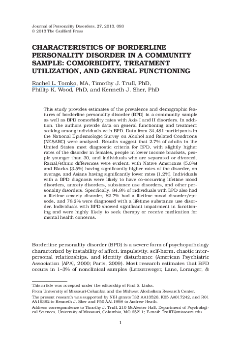 (PDF) Characteristics of Borderline Personality Disorder in a Community ...