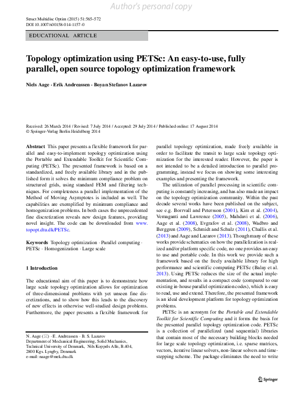 (PDF) Topology optimization using PETSc: An easy-to-use, fully parallel, open source topology ...