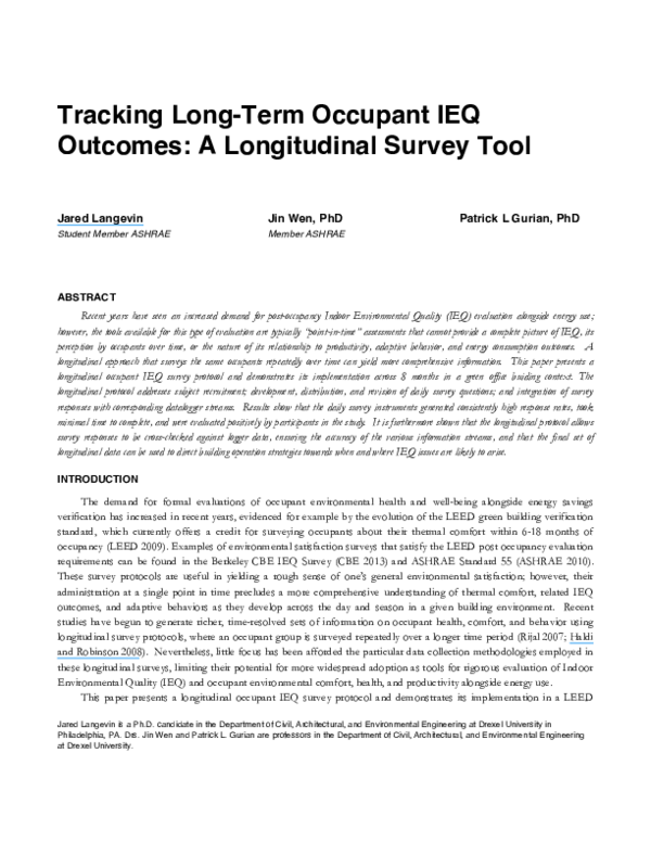 (PDF) Tracking Long-Term Occupant IEQ Outcomes: A Longitudinal Survey Tool
