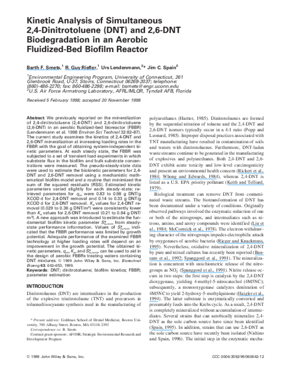 (PDF) Kinetic analysis of simultaneous 2,4-dinitrotoluene (DNT) and 2,6-DNT biodegradation in an ...