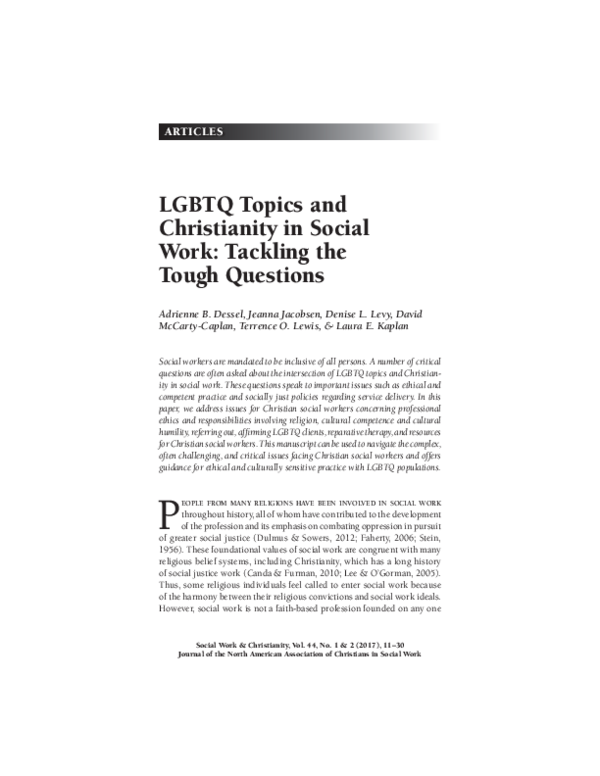(PDF) LGBTQ Topics and Christianity in Social Work: Tackling the Tough ...