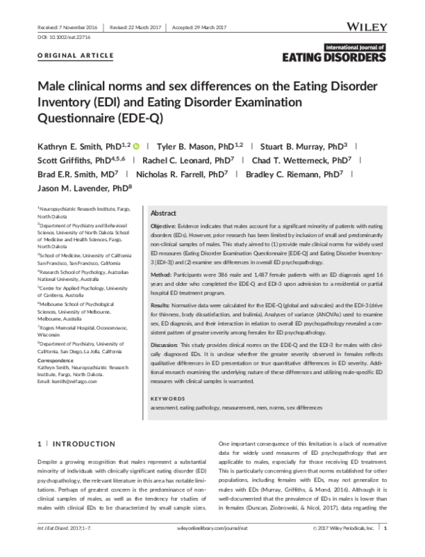 (PDF) Male clinical norms and sex differences on the Eating Disorder Inventory (EDI) and Eating ...