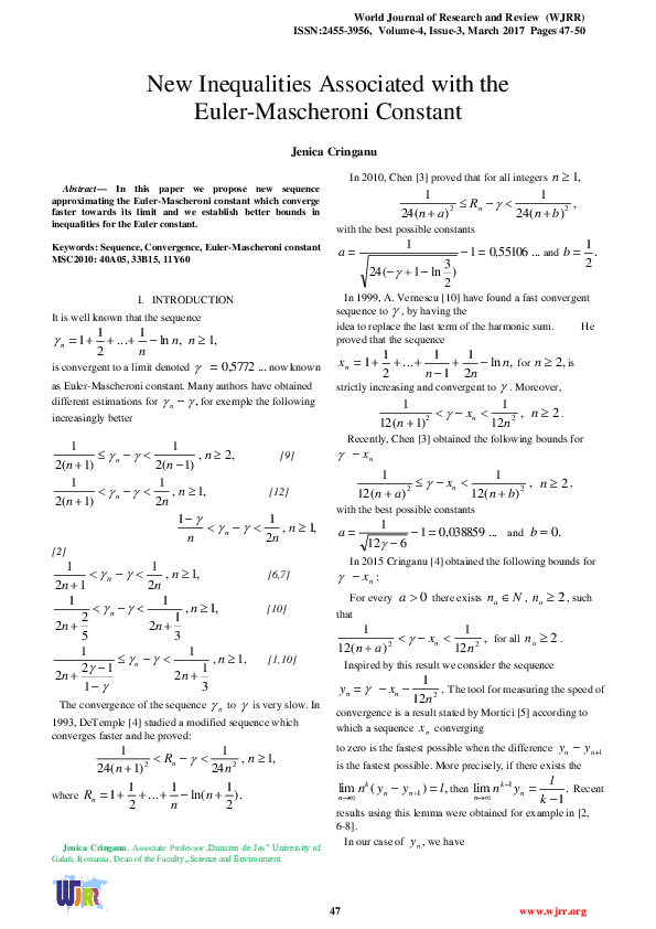 (PDF) New Inequalities Associated with the Euler-Mascheroni Constant