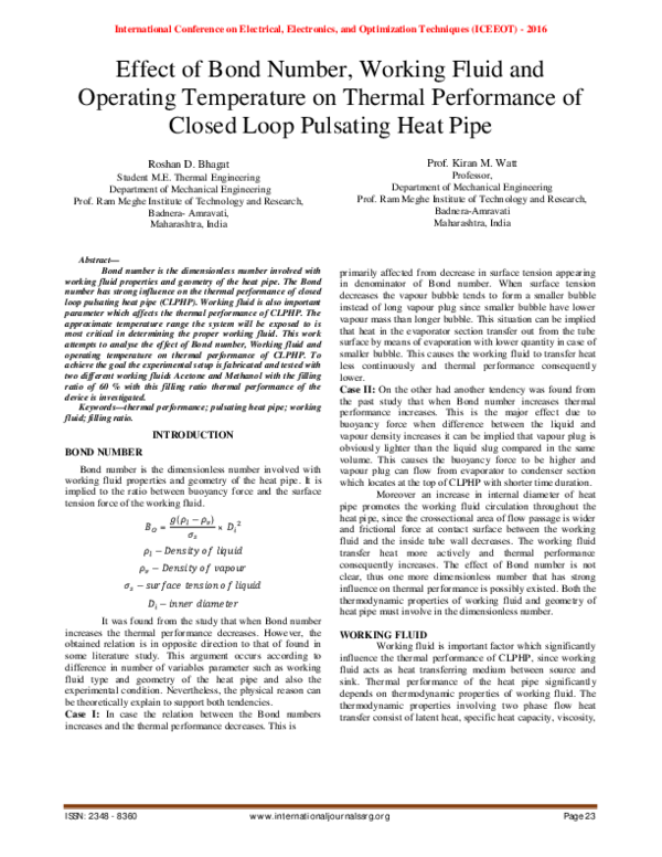 Pdf Effect Of Bond Number Working Fluid And Operating Temperature On Thermal Performance Of