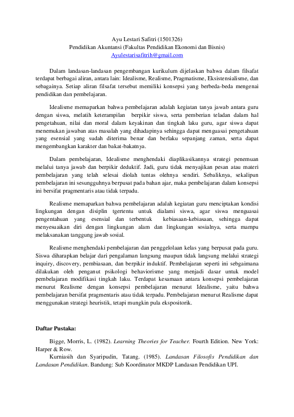 (DOC) Pendekatan Aliran Idealisme dan Realisme dalam Filsafat terhadap Pembelajaran.docx