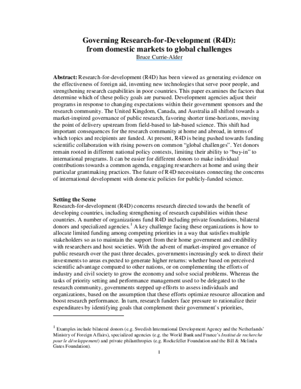 (PDF) Governing Research-for-Development (R4D): from domestic markets ...