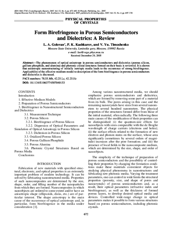 (PDF) Form birefringence in porous semiconductors and dielectrics: A review