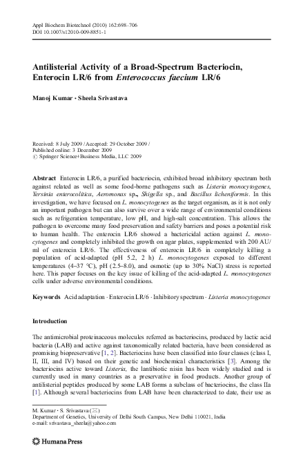 Pdf Antilisterial Activity Of A Broad Spectrum Bacteriocin Enterocin