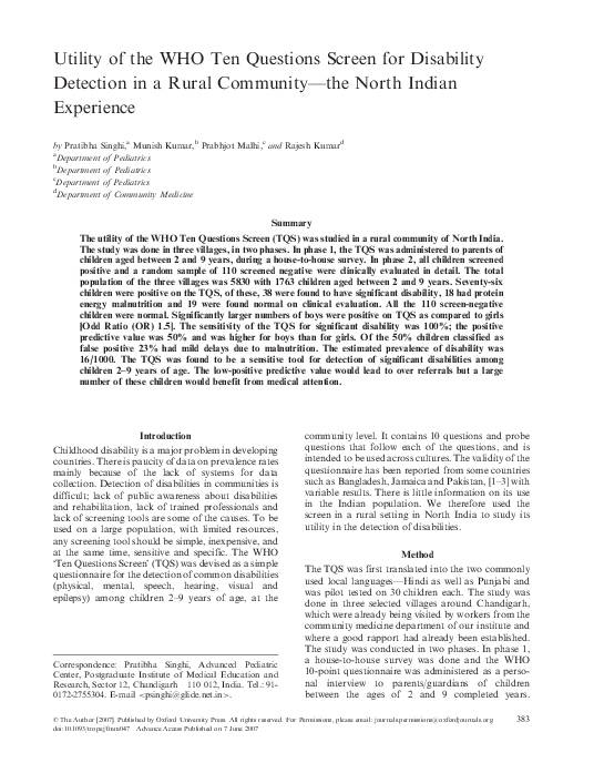 (PDF) Utility of the WHO Ten Questions Screen for Disability Detection ...