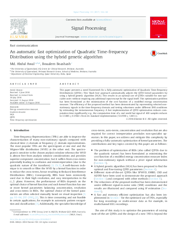 Pdf An Automatic Fast Optimization Of Quadratic Time Frequency Distribution Using The Hybrid