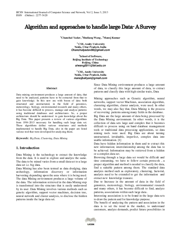 (PDF) Algorithm and approaches to handle large Data- A Survey