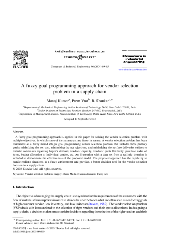 Pdf A Fuzzy Goal Programming Approach For Vendor Selection Problem In