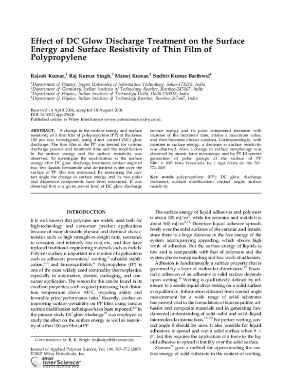 (PDF) Effect of DC glow discharge treatment on the surface energy and ...