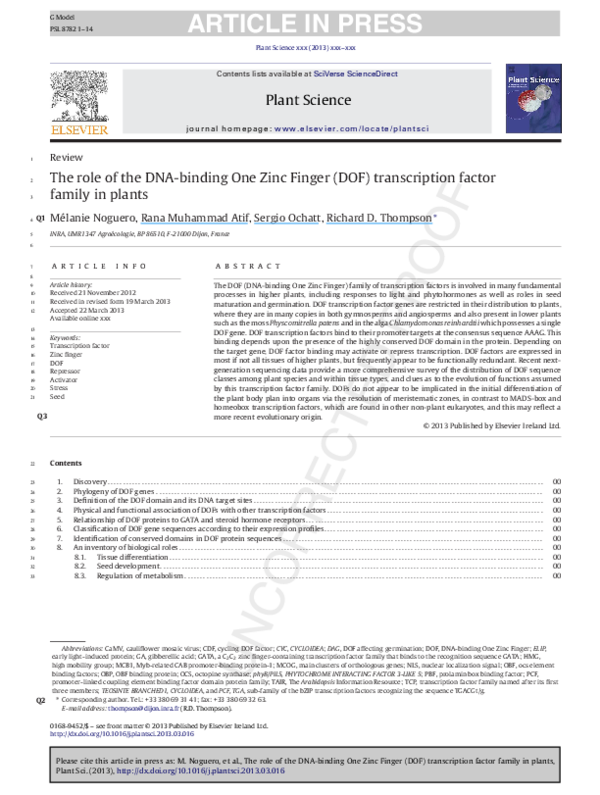 (PDF) The role of the DNA-binding One Zinc Finger (DOF) transcription ...