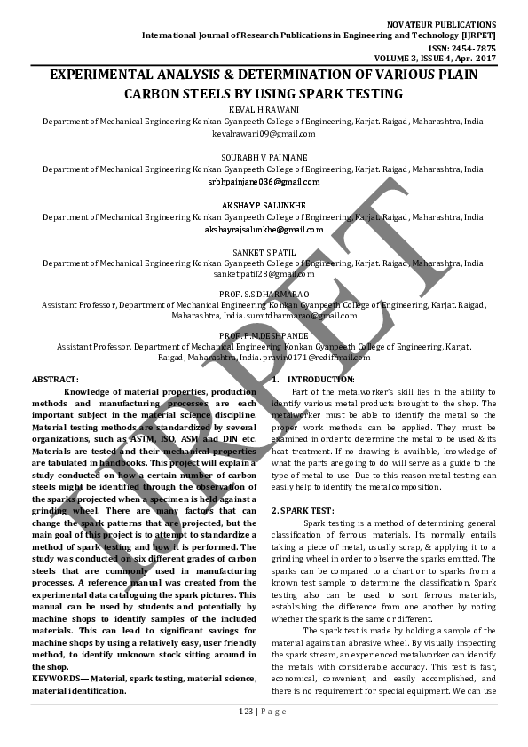 (PDF) EXPERIMENTAL ANALYSIS & DETERMINATION OF VARIOUS PLAIN CARBON ...