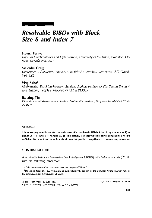 (PDF) Resolvable BIBDs with block size 8 and index 7