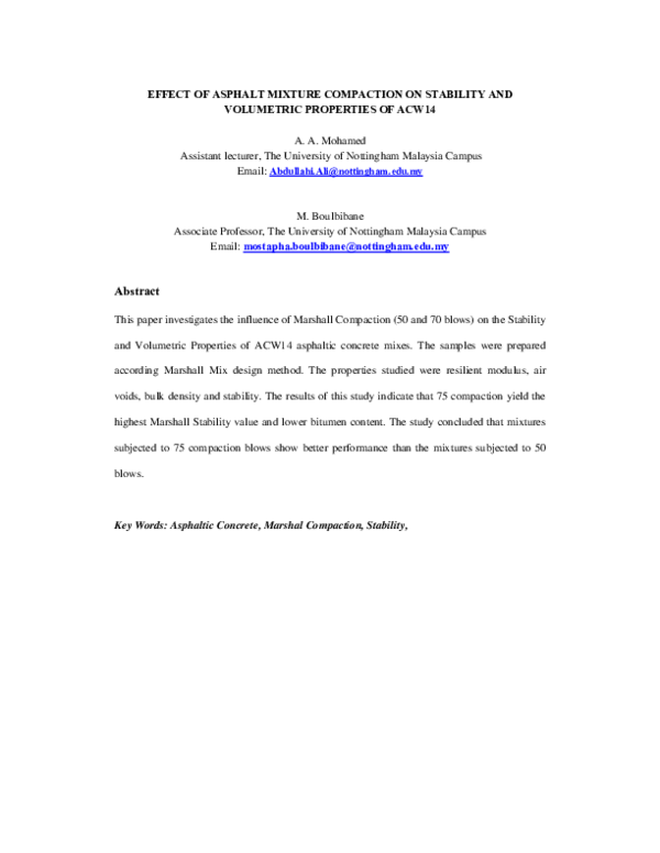 (PDF) Effect of Asphalt Mixture Compaction on Stability and Volumetric ...
