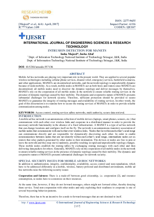 Pdf Cseit1172692 A Review Paper On Intrusion Detection System In Manets Farhin Shaikh