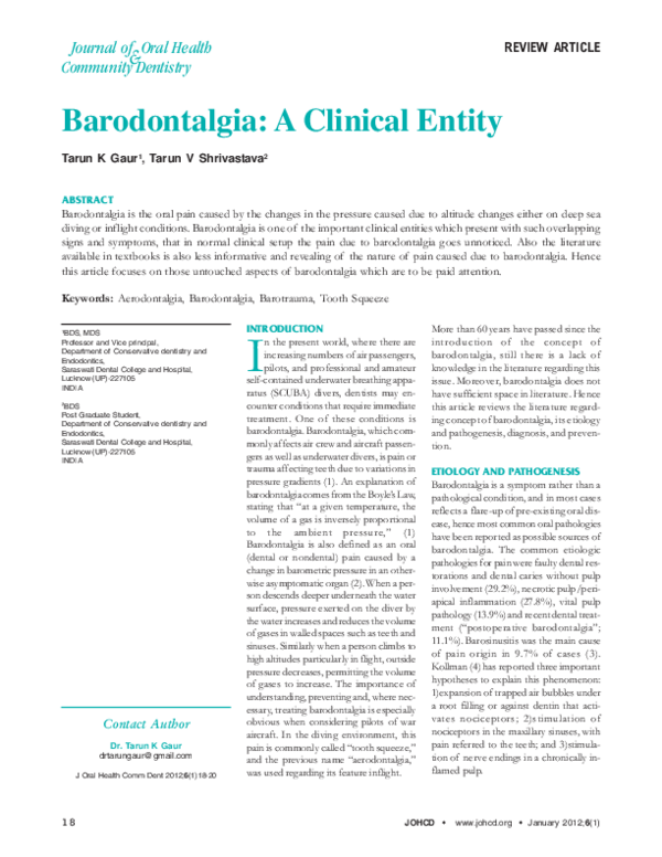 (PDF) Barodontalgia: A Clinical Entity