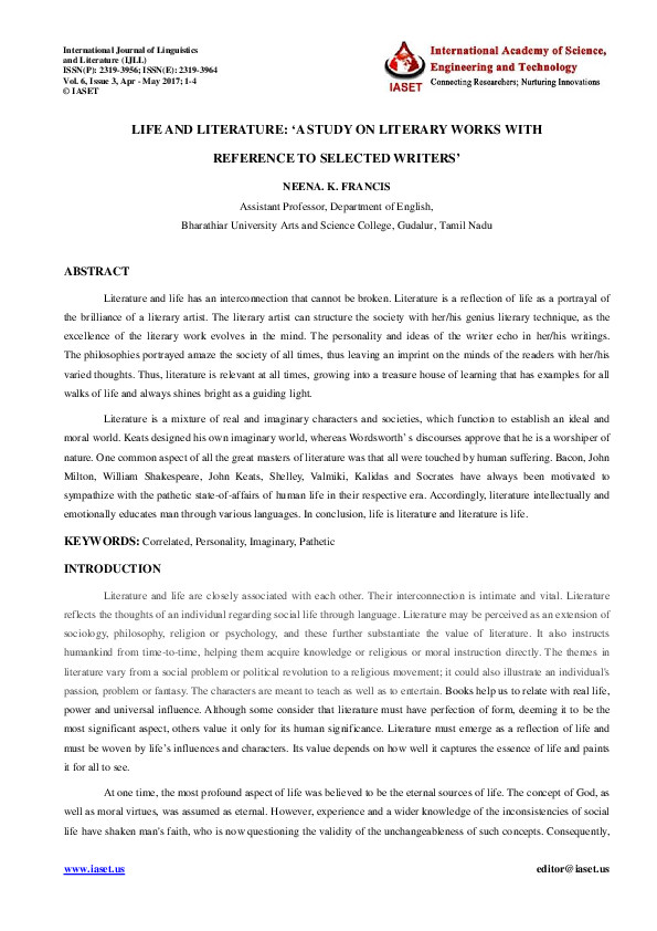 (PDF) LIFE AND LITERATURE: 'A STUDY ON LITERARY WORKS WITH REFERENCE TO ...