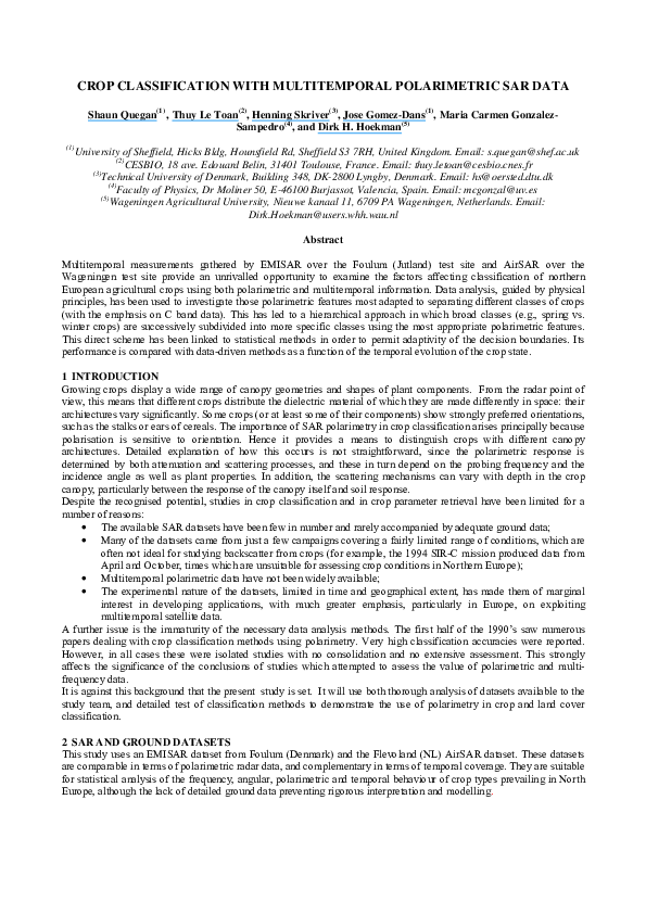 Pdf Crop Classification With Multitemporal Polarimetric Sar Data Thuy Le Toan
