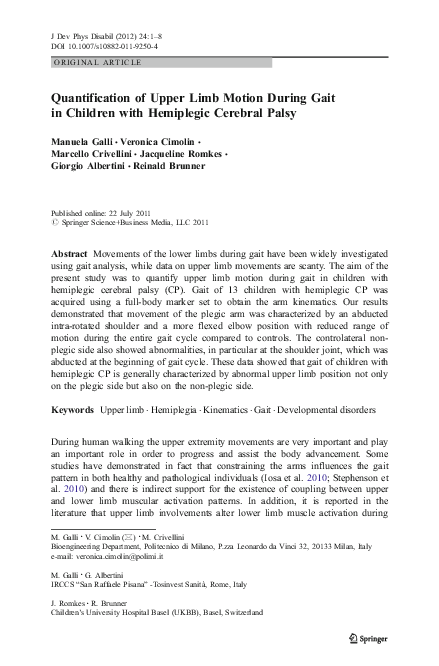 (PDF) Quantification of Upper Limb Motion During Gait in Children with Hemiplegic Cerebral Palsy