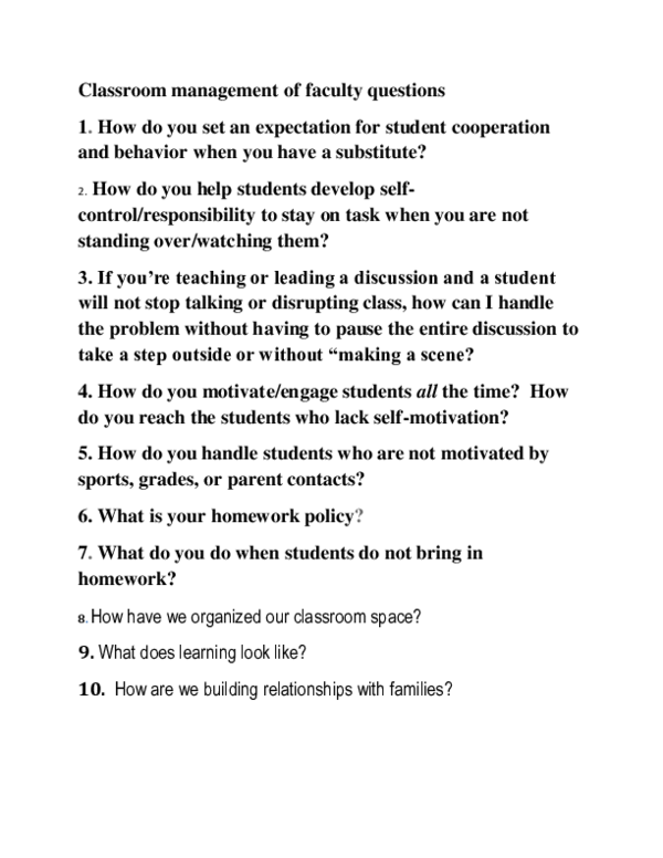 (DOC) Classroom management of faculty questions