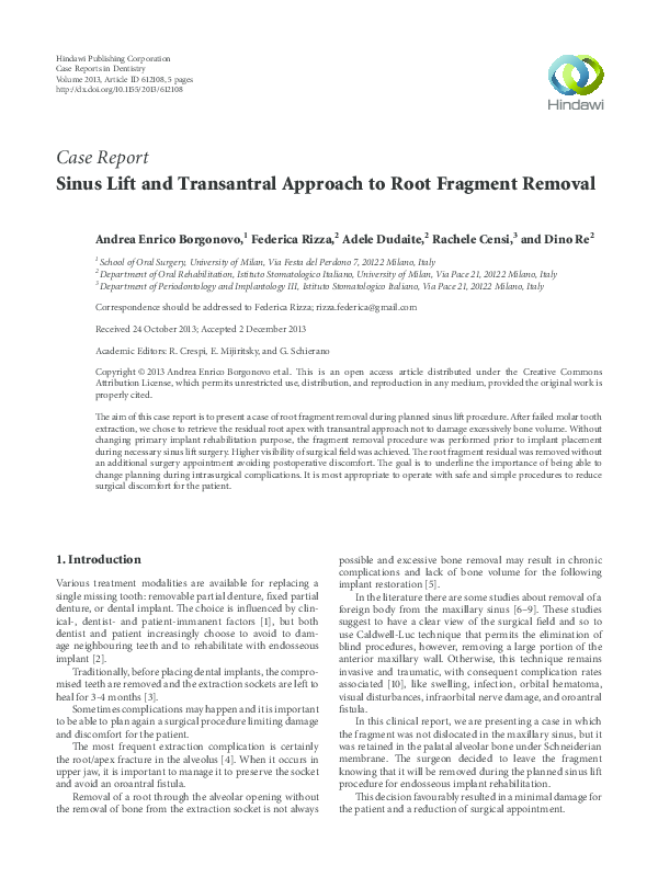 (PDF) Sinus Lift and Transantral Approach to Root Fragment Removal