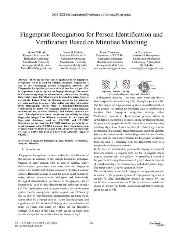 Pdf Fingerprint Recognition For Person Identification And Verification Based On Minutiae Matching