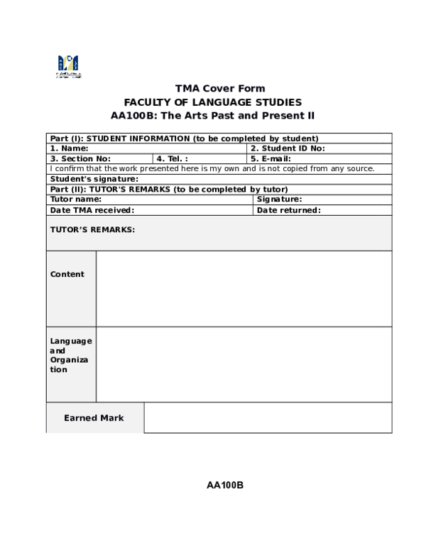 (DOC) TMA Cover Form FACULTY OF LANGUAGE STUDIES AA100B: The Arts Past ...
