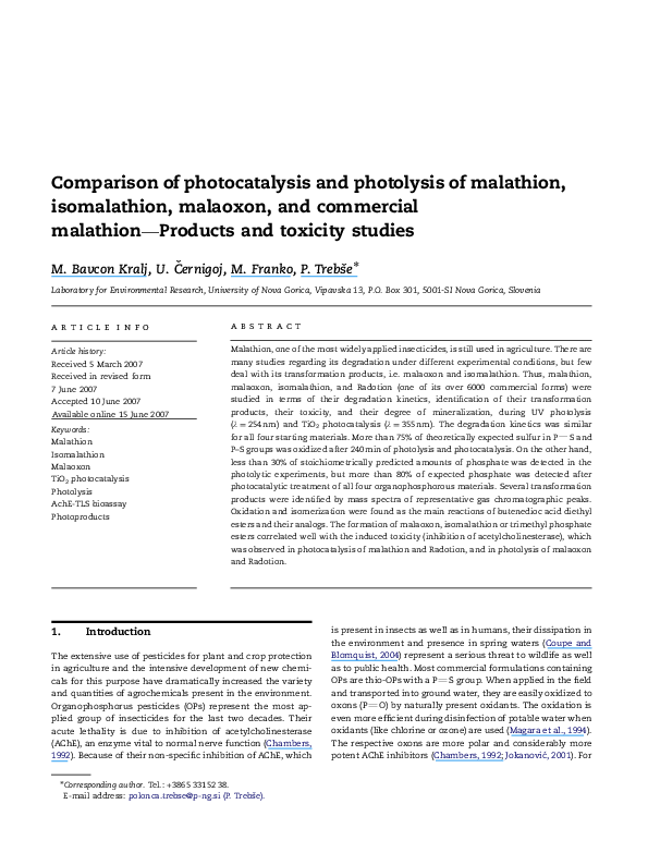 (PDF) Comparison of photocatalysis and photolysis of malathion ...