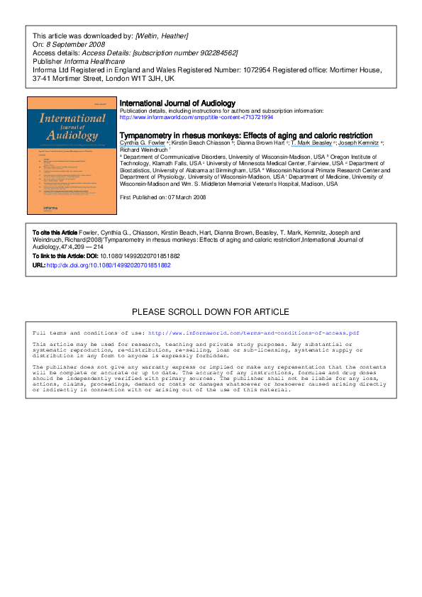 (PDF) Tympanometry in rhesus monkeys: Effects of aging and caloric ...
