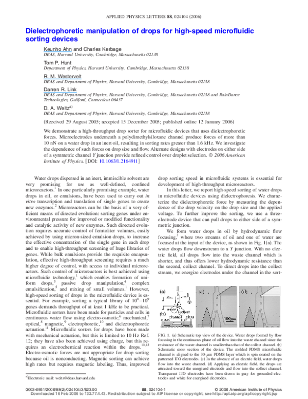 Pdf Dielectrophoretic Manipulation Of Drops For High Speed Microfluidic Sorting Devices