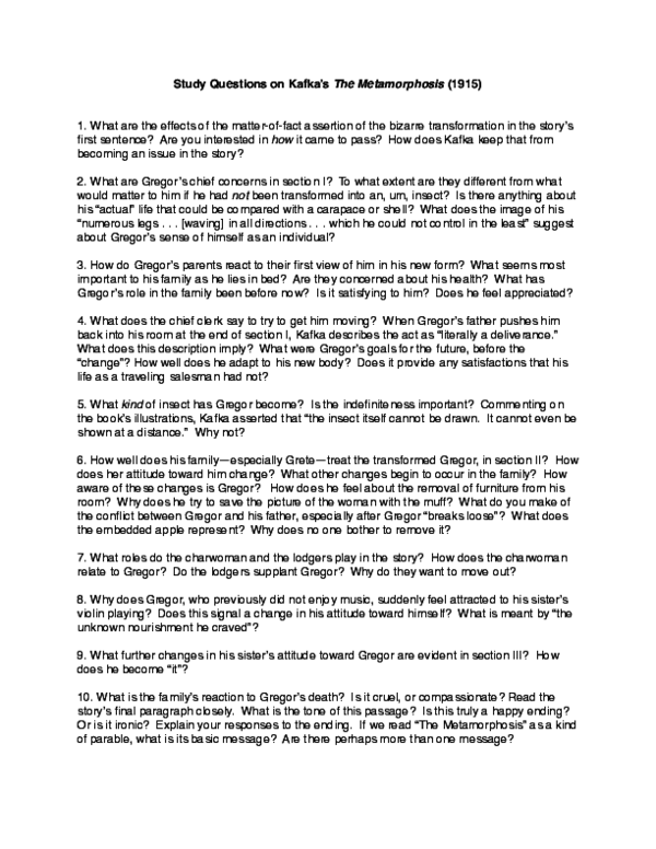 (PDF) Study Questions on Kafka's _The Metamorphosis_ (1915)