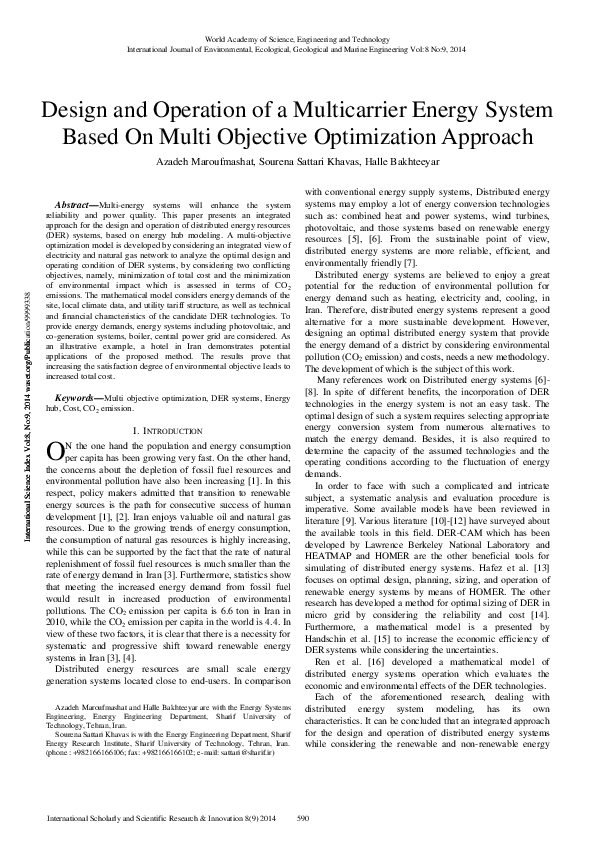 (PDF) Design and Operation of a Multicarrier Energy System Based On Multi Objective Optimization ...