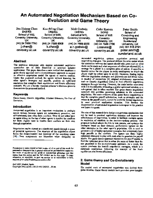 (PDF) An automated negotiation mechanism based on co-evolution and game theory