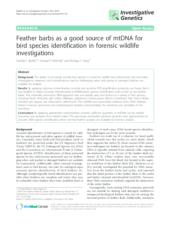 (PDF) Feather Barbs as a Good Source of mtDNA for Bird Species Identification in Forensic ...