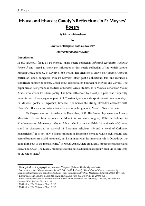 (PDF) Ithaca and Ithacas; Cavafy's Reflections in Fr Moyses' Poetry