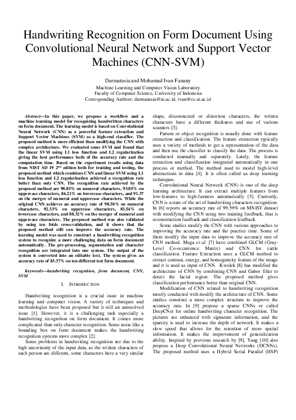 Pdf Handwriting Recognition On Form Document Using Convolutional Neural Network And Support