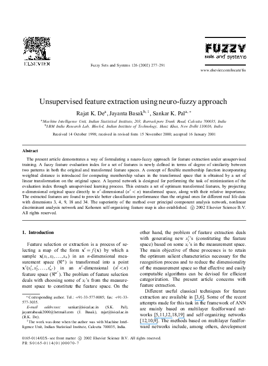 Pdf Unsupervised Feature Extraction Using Neuro Fuzzy Approach Rajat De And Sankar Pal