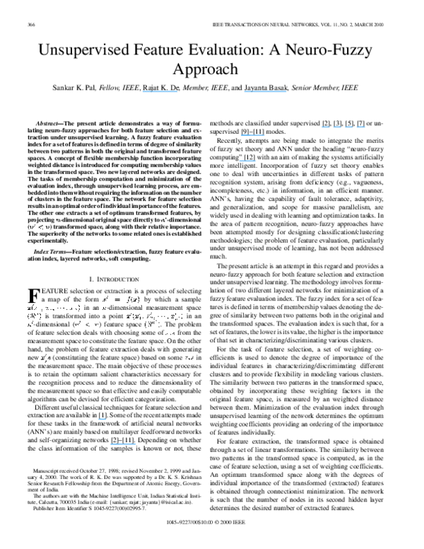 Pdf Unsupervised Feature Evaluation A Neuro Fuzzy Approach