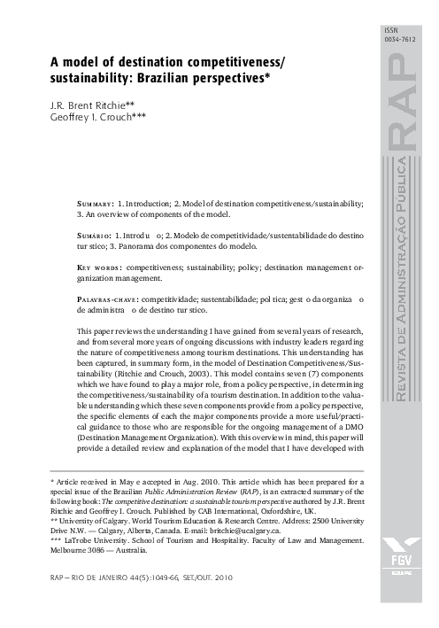 (PDF) A model of destination competitiveness/ sustainability: Brazilian ...