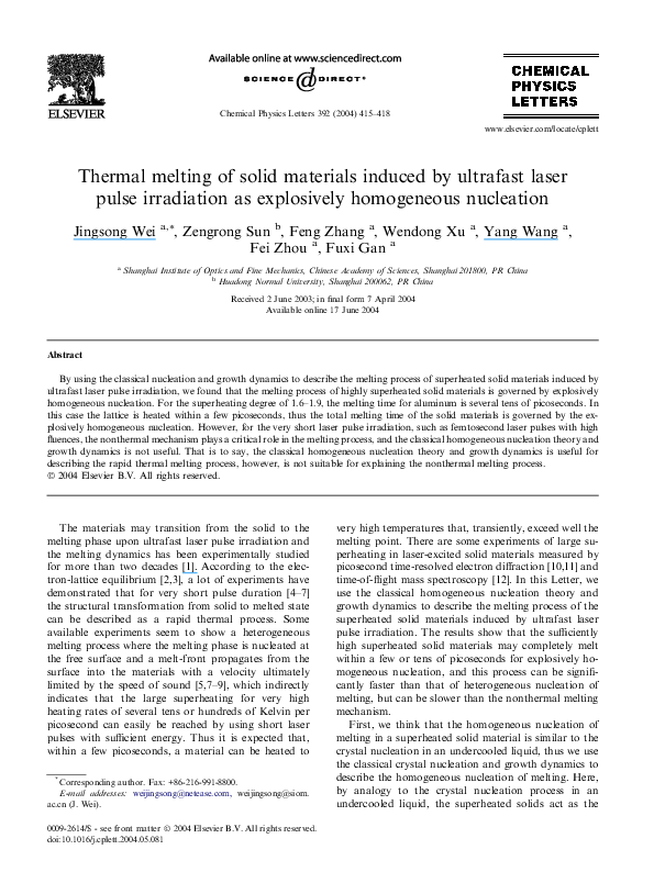 (PDF) Thermal melting of solid materials induced by ultrafast laser ...