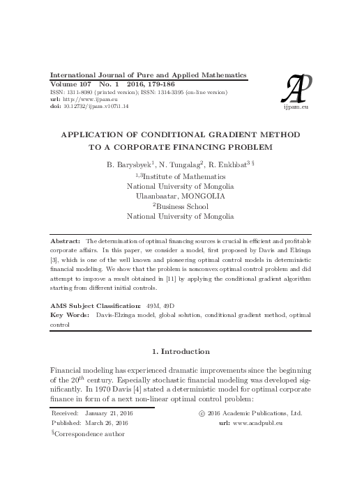 (PDF) APPLICATION OF CONDITIONAL GRADIENT METHOD TO A CORPORATE FINANCING PROBLEM