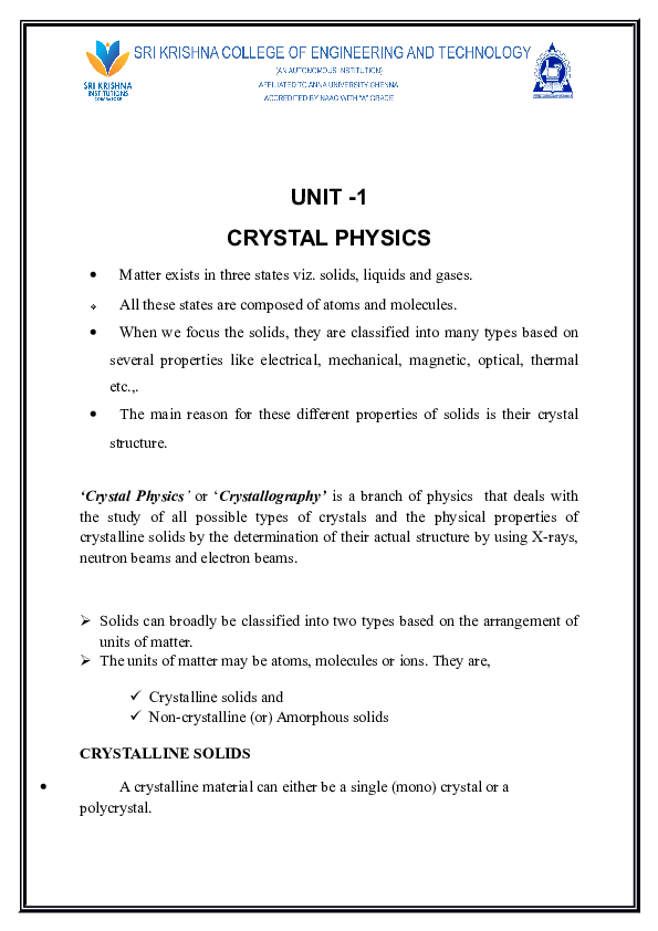 (DOC) UNIT -1 CRYSTAL PHYSICS