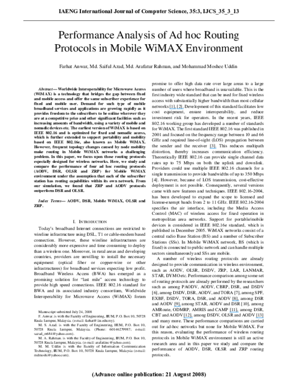 Pdf Performance Analysis Of Ad Hoc Routing Protocols In City Scenario For Vanet Jonathan 