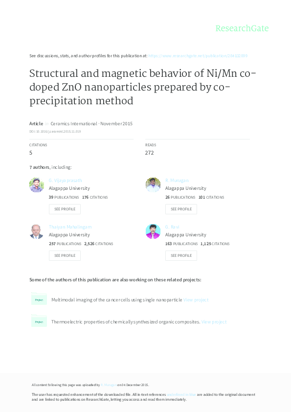 (PDF) Structural and magnetic behavior of Ni/Mn co-doped ZnO nanoparticles prepared by co ...