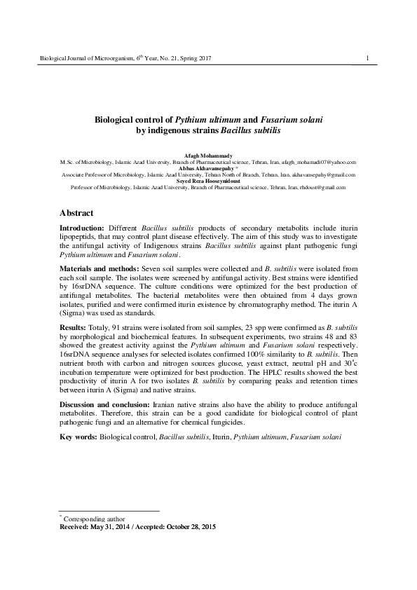 (PDF) Biological control of Pythium ultimum and Fusarium solani by indigenous strains Bacillus ...